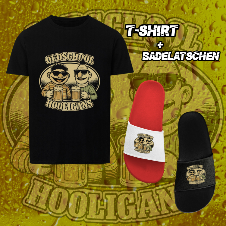 Oldschool Hooligans | Shirt & Badelatschen Bundle mit Humor & Bier
